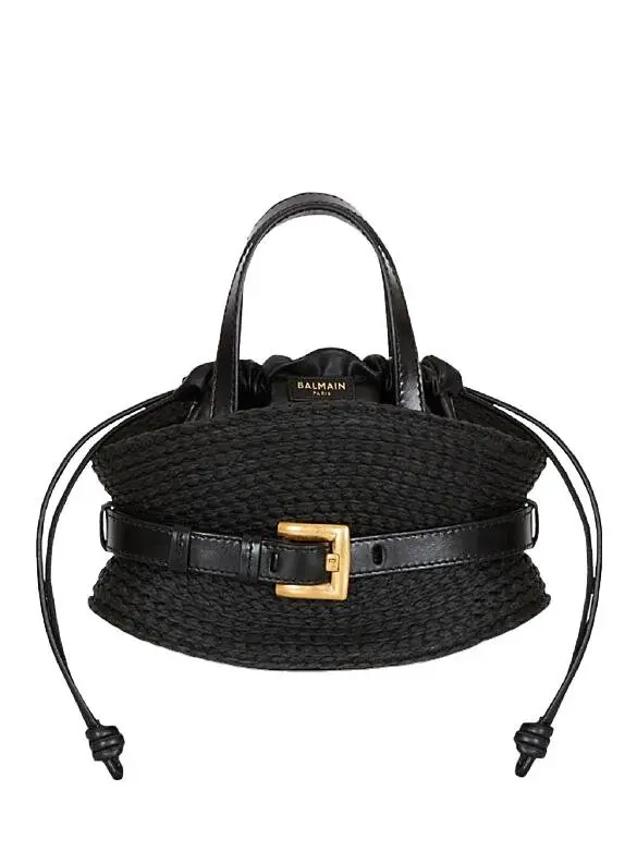 Balmain Shuffle Mini Bag In Calfskin And Raffia - Black