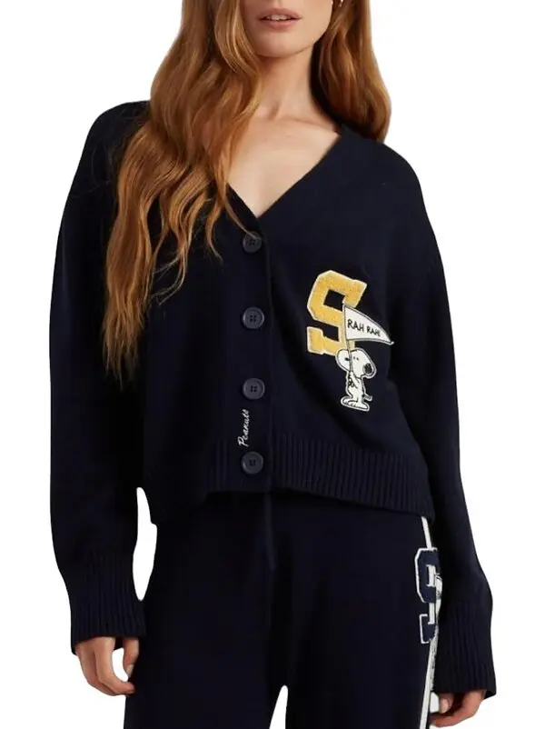 Chinti & Parker Cotton Snoopy Varsity Cardigan - Navy