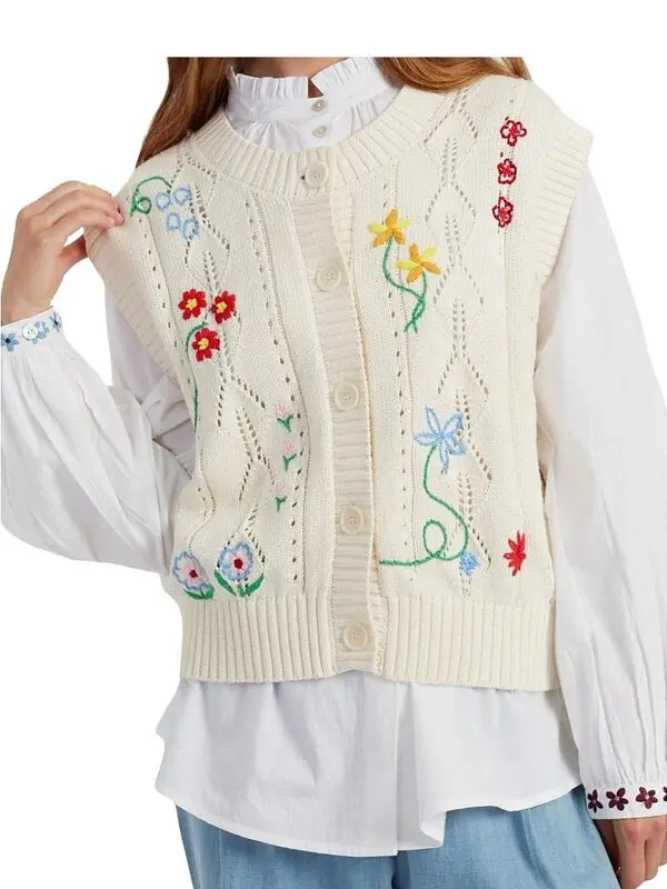Chinti & Parker Cotton Floral Embroidered Vest - Cream