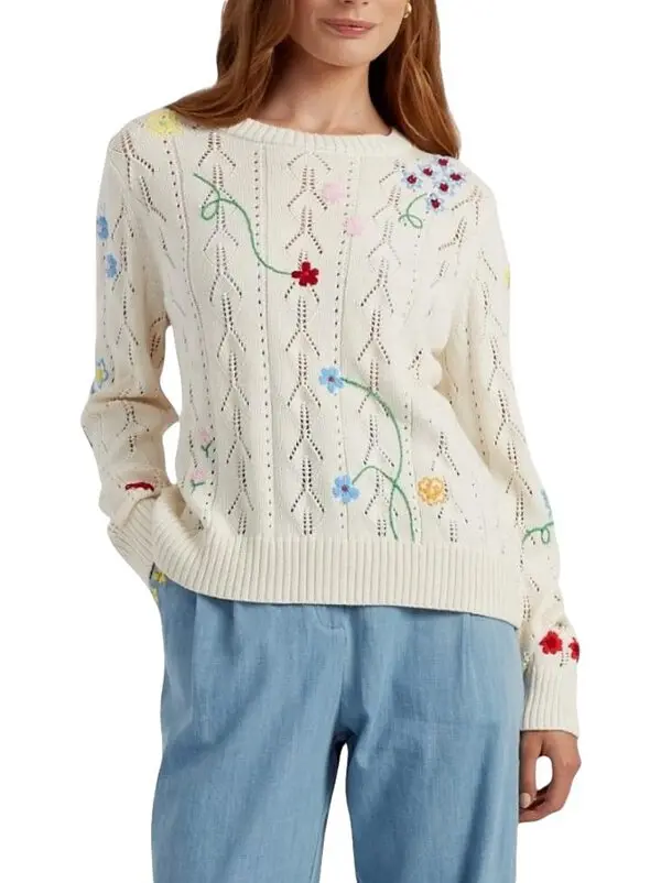 Chinti & Parker Cotton Floral Embroidered Sweater - Cream