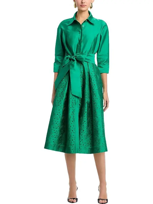 Rickie Freeman For Teri Jon Satin Shirtdress With Laser Cut Skirt - Green
