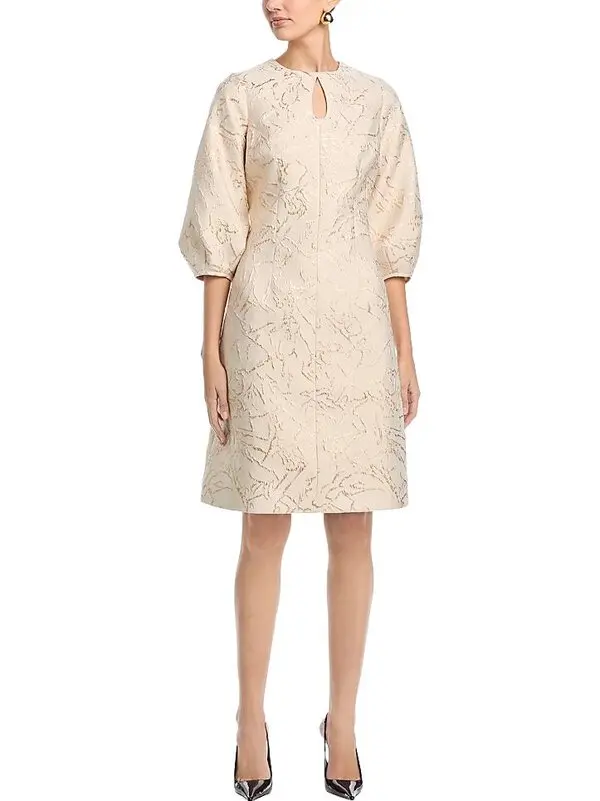 Rickie Freeman For Teri Jon Metallic Jacquard Three Quarter Sleeve Dress - Champagne