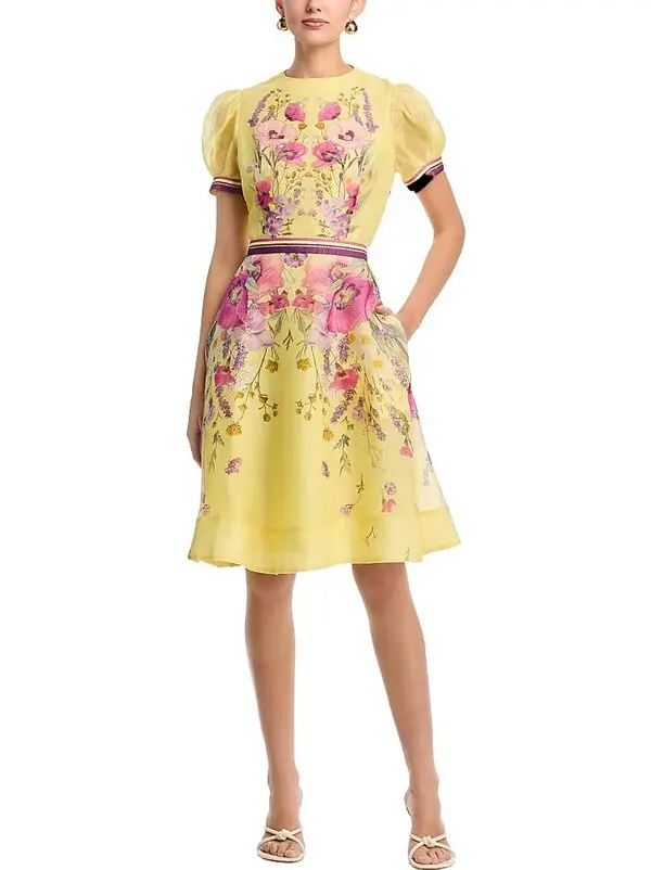 Rickie Freeman For Teri Jon Silken Linen Floral Print Short Sleeve Dress - Yellow Multi