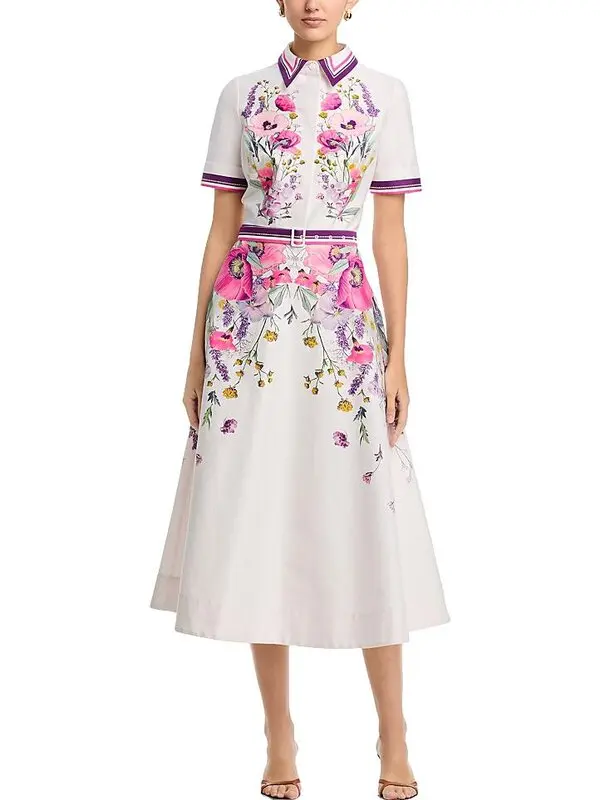 Rickie Freeman For Teri Jon Cotton Floral Print Shirtwaist Dress - Ivory Multi