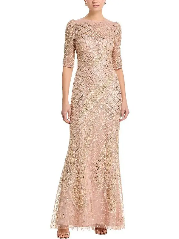 Rickie Freeman For Teri Jon Art Deco Beaded Tulle Gown - Blush Multi