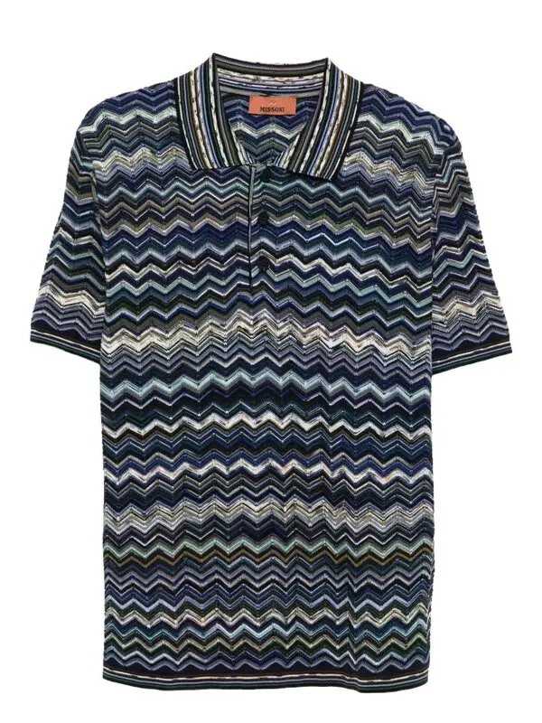 Missoni Cotton Knit Polo Shirt With Chevron Pattern - Blue