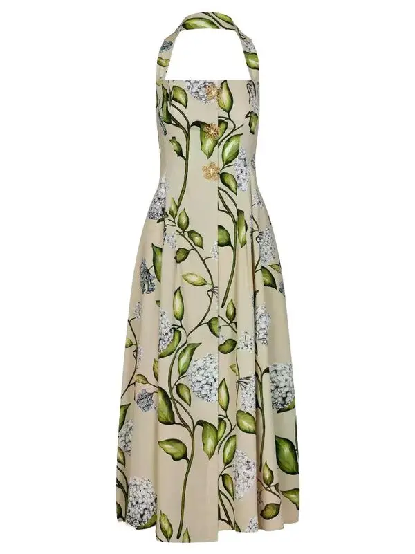 Oscar De La Renta Flower-print Halter-neck Midi Dress - Neutrals