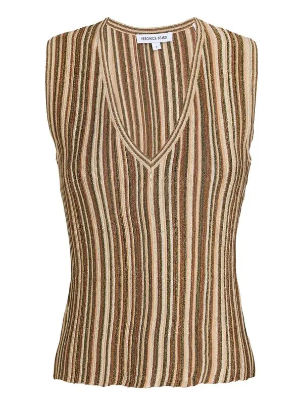 Veronica Beard Sid Metallic Striped Ribbed-knit Top - Beige