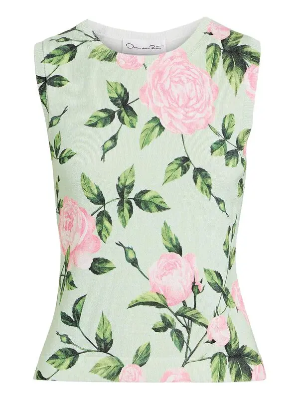 Oscar De La Renta Floral Print Cotton-blend Top - Light Green