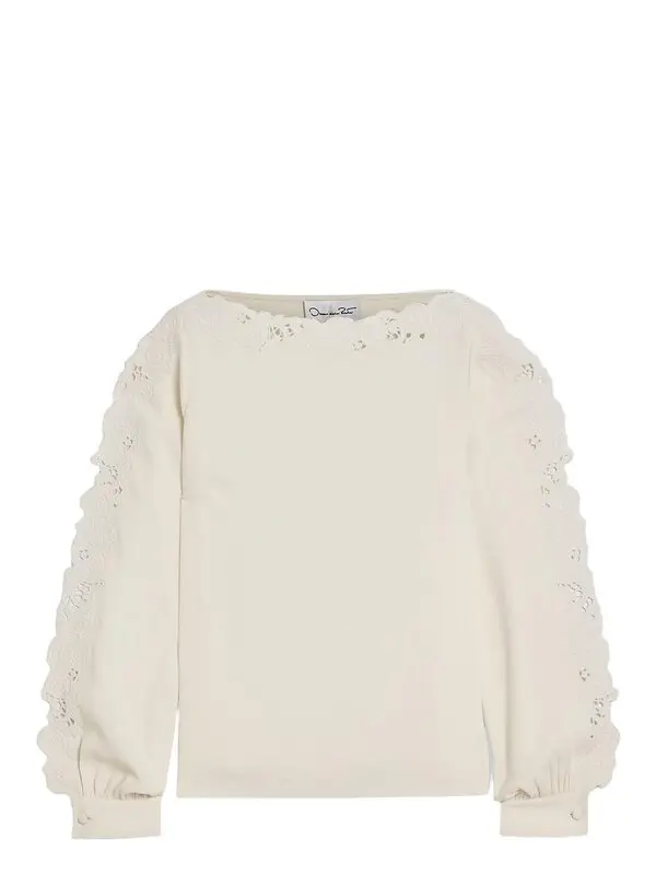 Oscar De La Renta Guipure Lace-trimmed Cutout Stretch-silk Blouse - Off-white