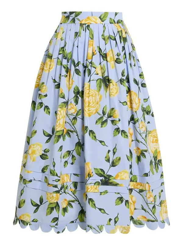 Oscar De La Renta Pleated Floral-print Cotton-blend Poplin Midi Skirt - Light Blue