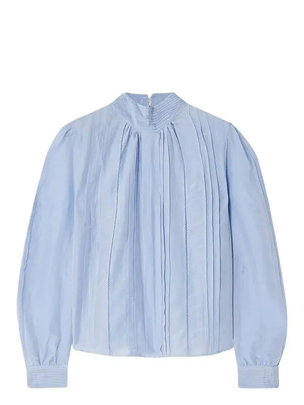 Thierry Colson Teresa Pintucked Cotton And Silk-blend Voile Turtleneck Blouse - Light Blue