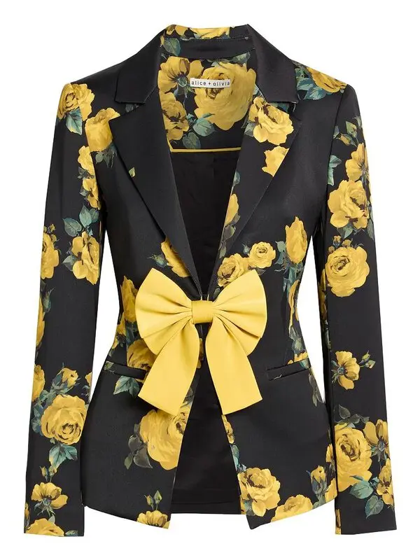Alice + Olivia Floral-print Satin Blazer With Bow Detail - Black
