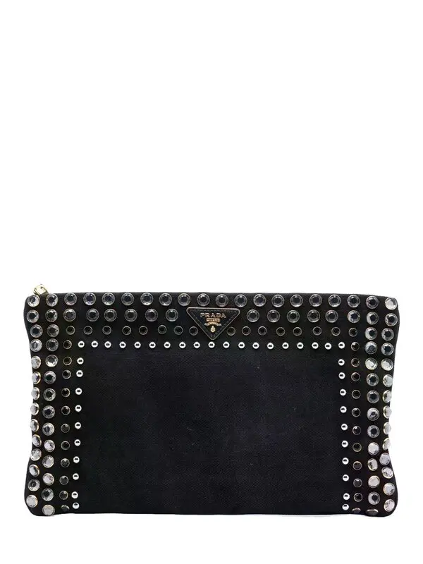 Prada 2000-2013 Canvas Canapa Studded Vernice Clutch Bag - Black