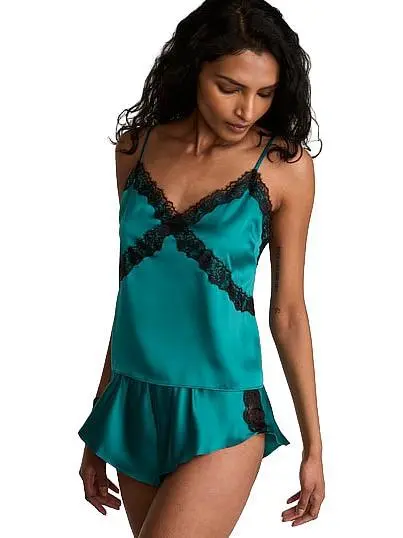 Victoria's Secret Satin Lace-trim Cami & Flutter Short Set - Blue