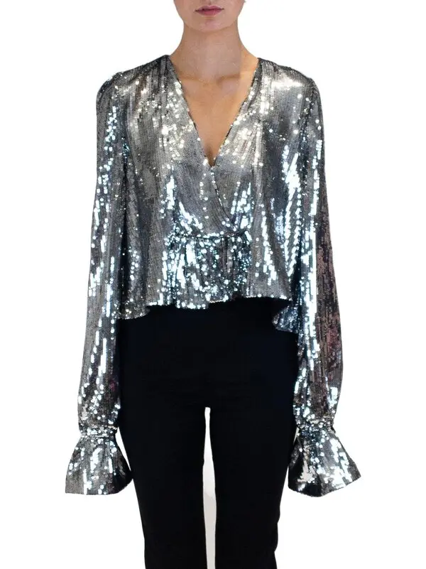 Azeeza Thistle Sequin Blouse - Silver Sequin