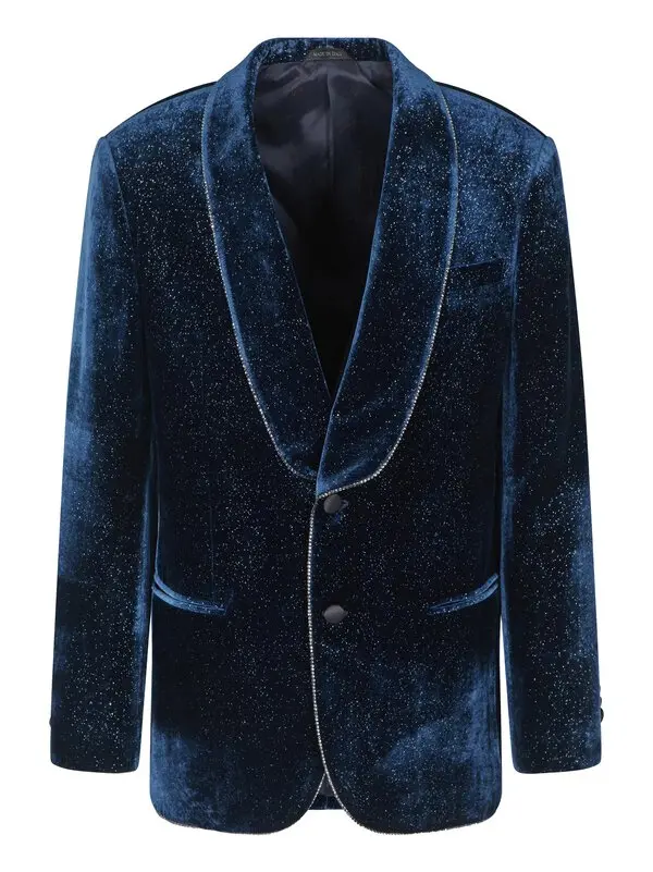 Giorgio Armani Giorgio’s Single-breasted Tuxedo Jacket In A Glitter Print Velvet - Blue