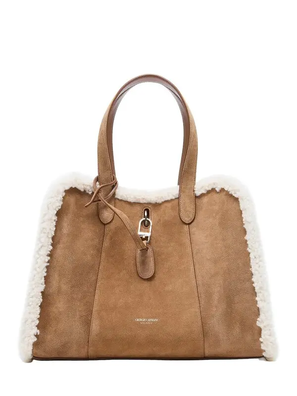 Giorgio Armani Neve Large Suede And Shearling Sheepskin Tote - Camel