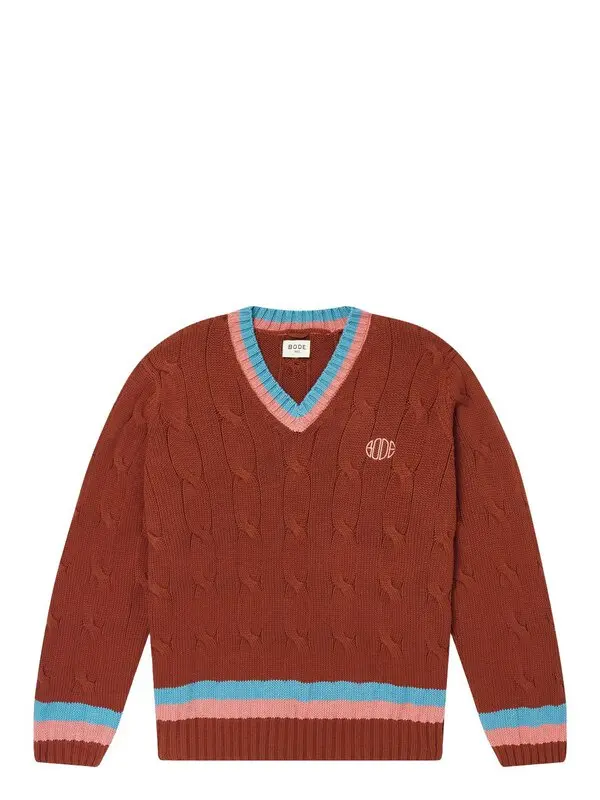 BODE Logo-embroidered Cable-knit Cotton Sweater - Brown