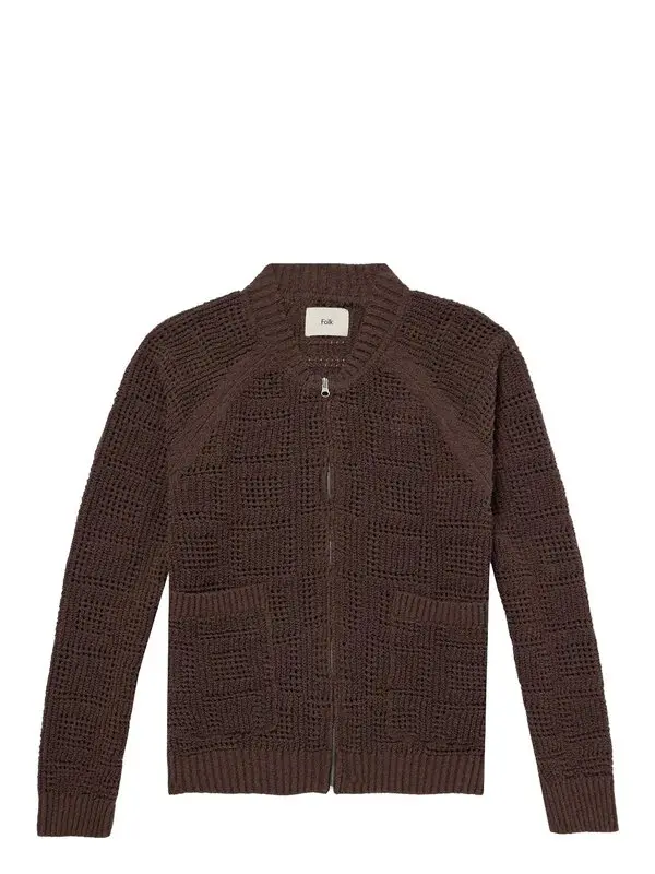 Folk Open-knit Zip-up Cardigan - Brown