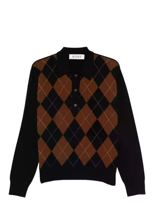 RÓHE Argyle Knit Polo Top - Black