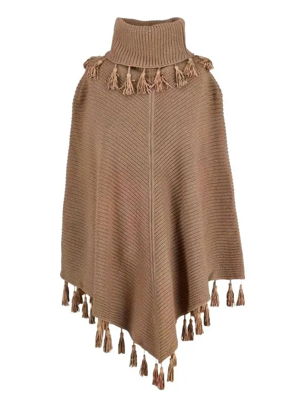 Vintage Nadini High Neck Fringe Wool Poncho - Brown