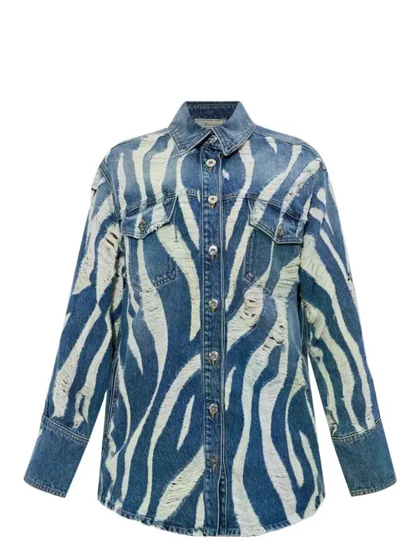 Blumarine Distressed Animal Print Cotton Shirt - Blue