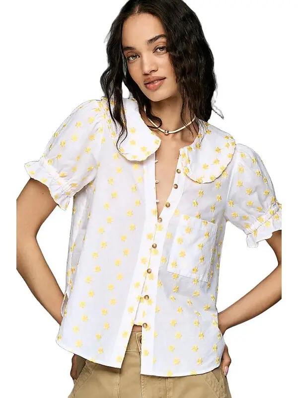 PILCRO Keira Embroidered Blouse - White / Yellow