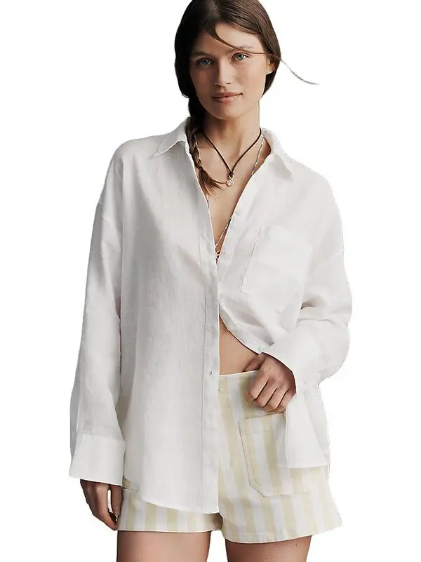 Maeve Linen Buttondown Shirt - White
