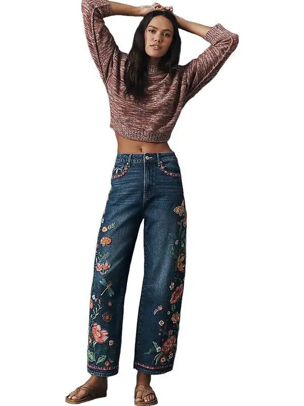 DRIFTWOOD Cotton Davina Embroidered High-rise Barrel Jeans - Gardenia Dreams