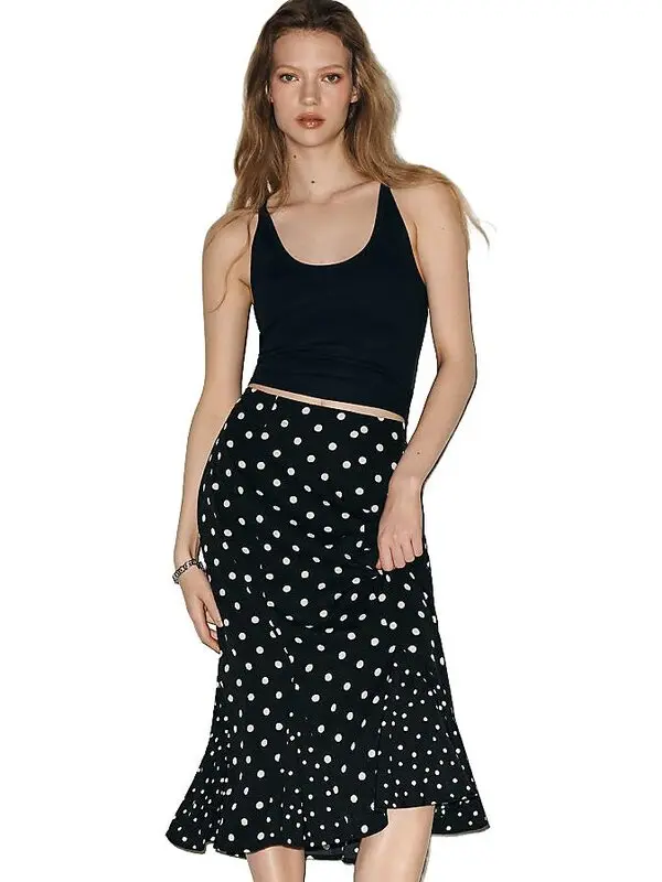 Maeve Godet Flare Midi Skirt - Black / White Dot