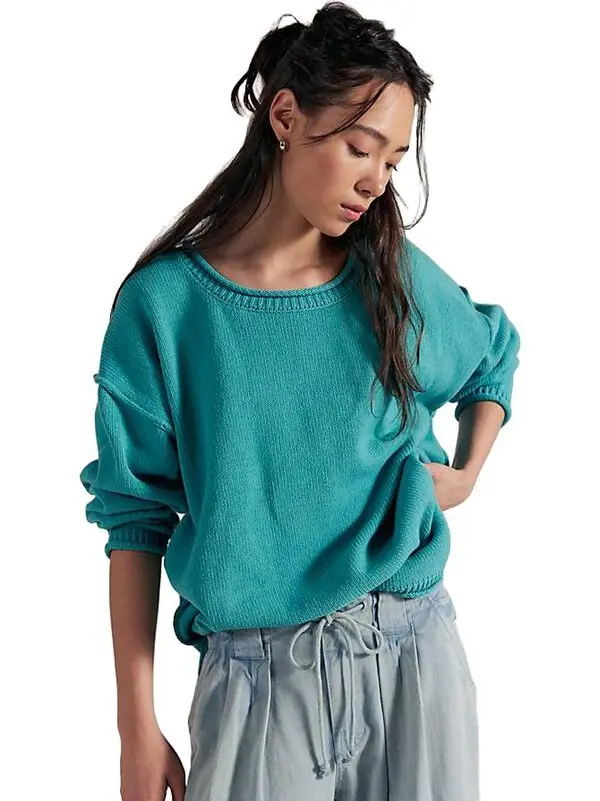 Free People We The Free Ella Roll-neck Cotton Knit Sweater - Lagoon