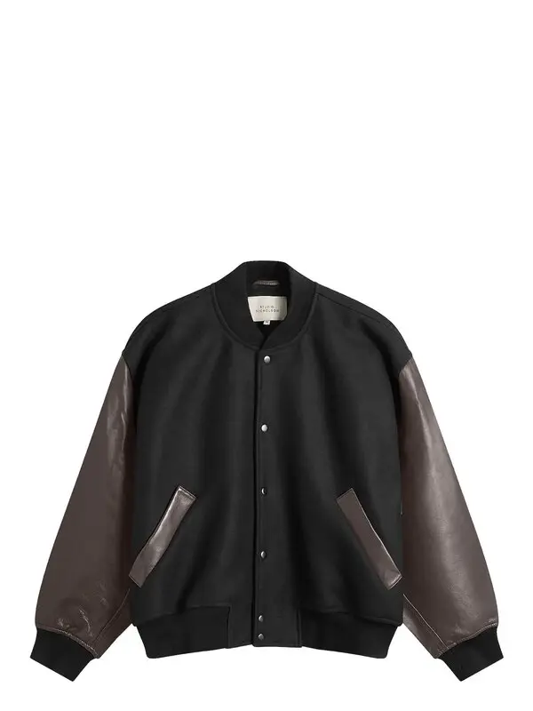 Studio Nicholson Alph Leather Wool Varsity Bomber Jacket - Black/cocoa