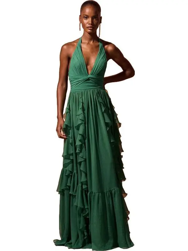 PatBO Silk Plisse Essence Plunge Halterneck Gown - Green
