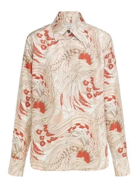 FERRAGAMO Silk Twill Feather Print Shirt - Neutral / Floral