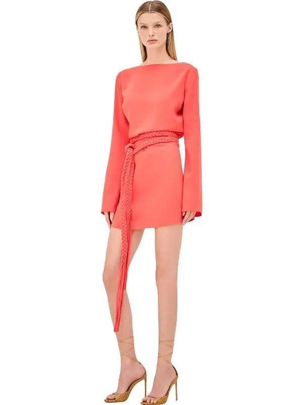 Alexis Long Sleeve Mini Dress With Braided Belt - Orange / Red
