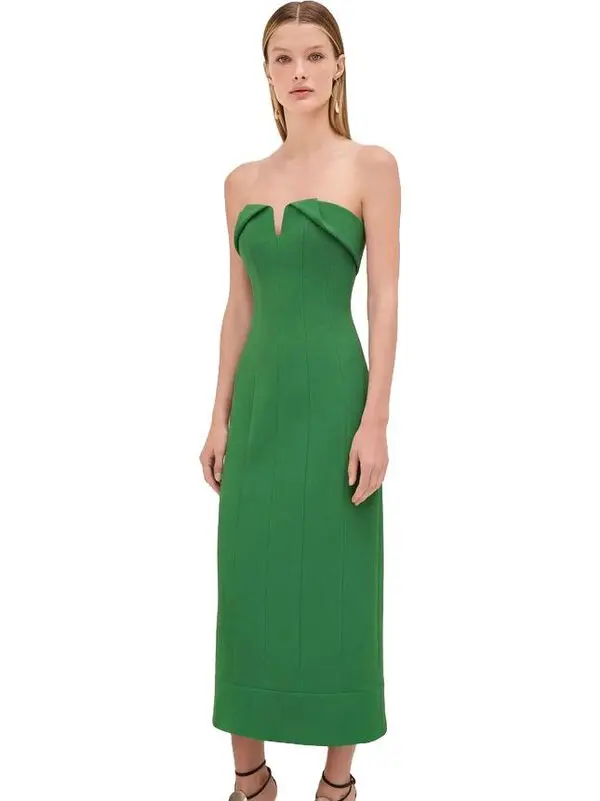 Alexis Strapless Midi Dress With Sculptural Neckline - Green