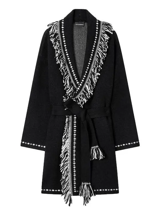 Emporio Armani Oversized Jacquard-knit Cardigan With Fringe - Black