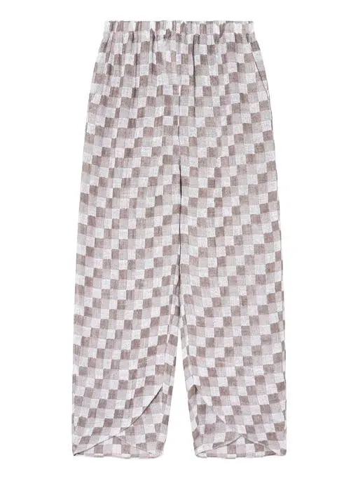 Emporio Armani Wide Trousers In Check Linen Gauze - Brown / Neutral