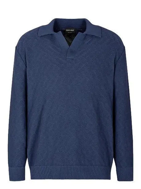Giorgio Armani Cotton Jacquard Knitted Polo Shirt - Blue