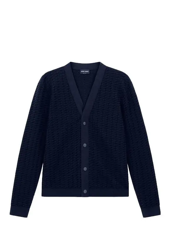 Giorgio Armani Virgin Wool Blend Tuck Stitch Cardigan - Navy