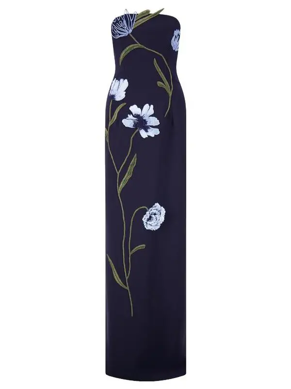 Lela Rose Floral Cord Embroidered Strapless Gown - Blue