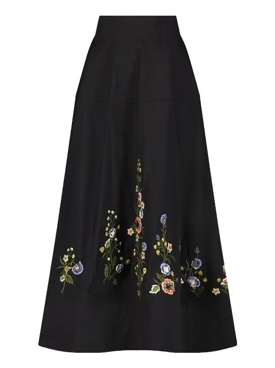 Lela Rose Floral Embroidered Cotton Poplin Skirt - Black