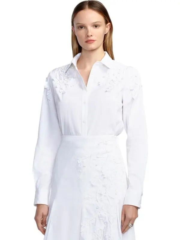 Lela Rose Porcelain Floral Embroidered Cotton Poplin Shirt - White