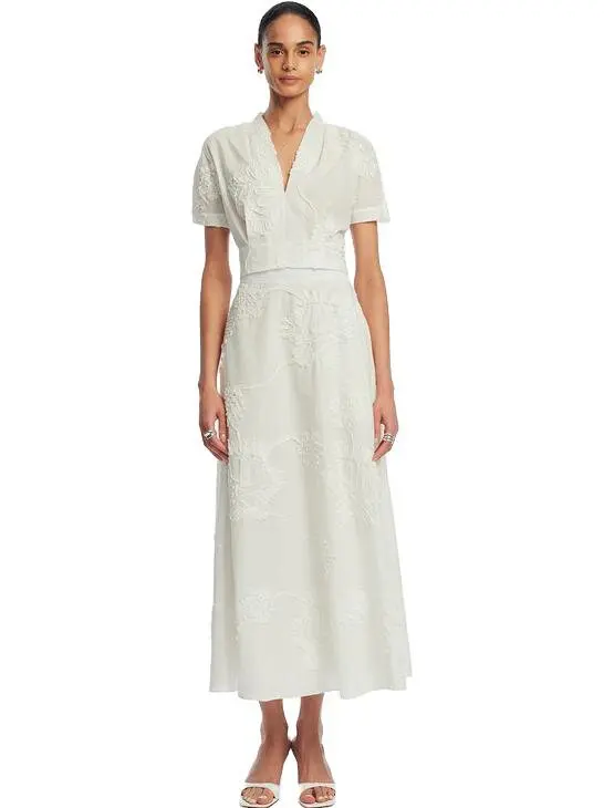 Lela Rose Ribbon Embroidered Cotton Full Skirt - White