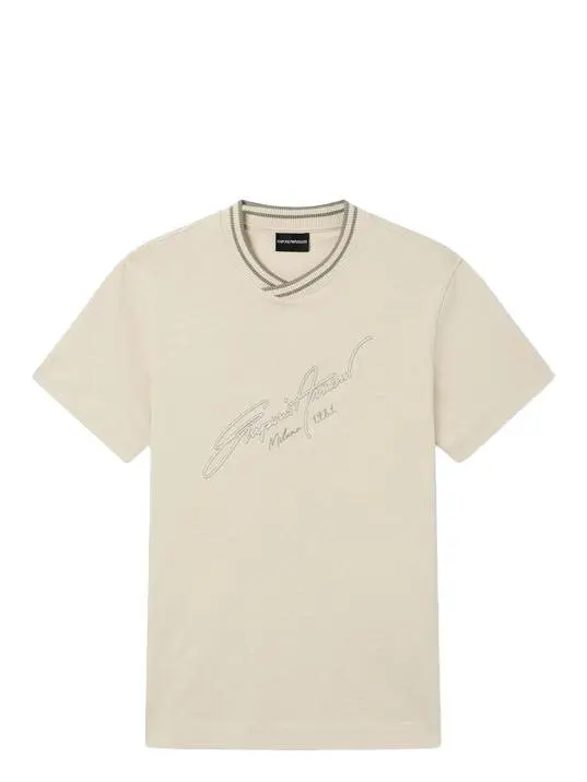 Emporio Armani Slim-fit Heavy Jersey T-shirt With Signature Logo Embroidery - Natural
