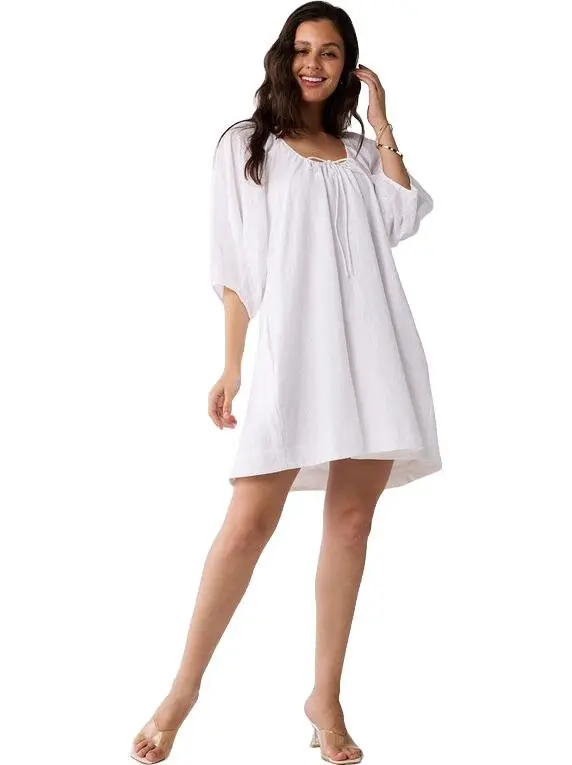 REISTOR Puff Sleeved Dress With Drawstring Neckline - White