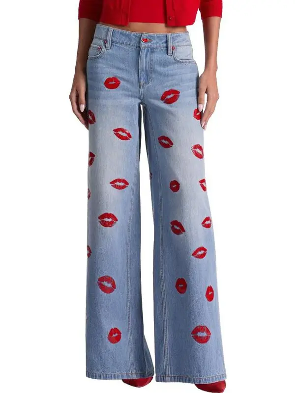 Alice + Olivia Printed Low Rise Wide Leg Jeans - Blue