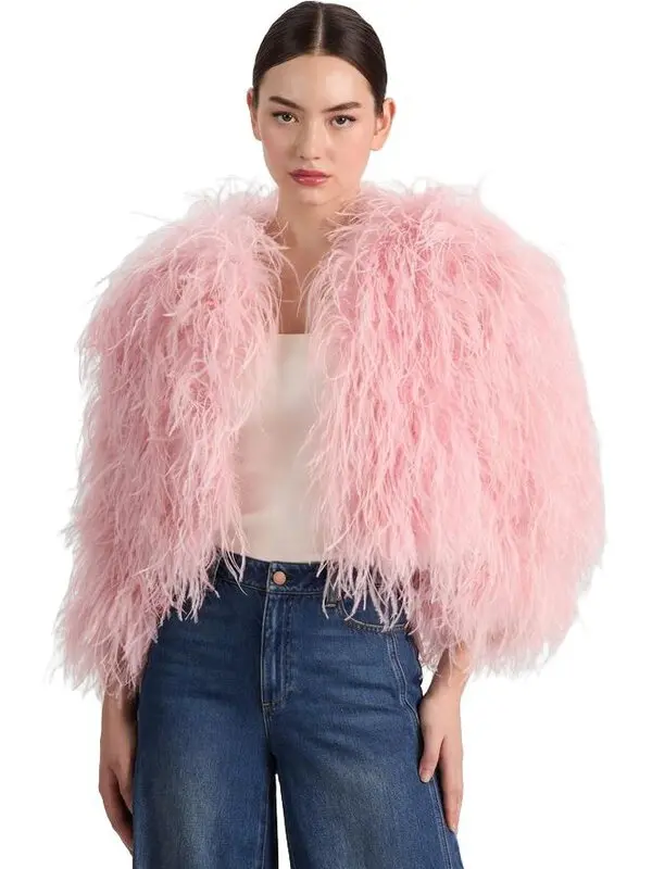 Alice + Olivia Kidman Feathered Cropped Jacket - Neutral