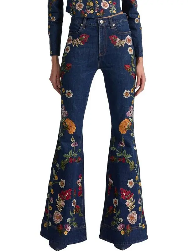 Alice + Olivia Floral Embroidered Bell Bottom Jeans - Red
